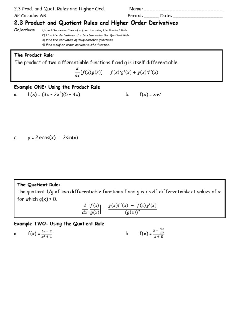 Calculus: Product & Quotient Rules | PDF | Derivative | Trigonometric ...
