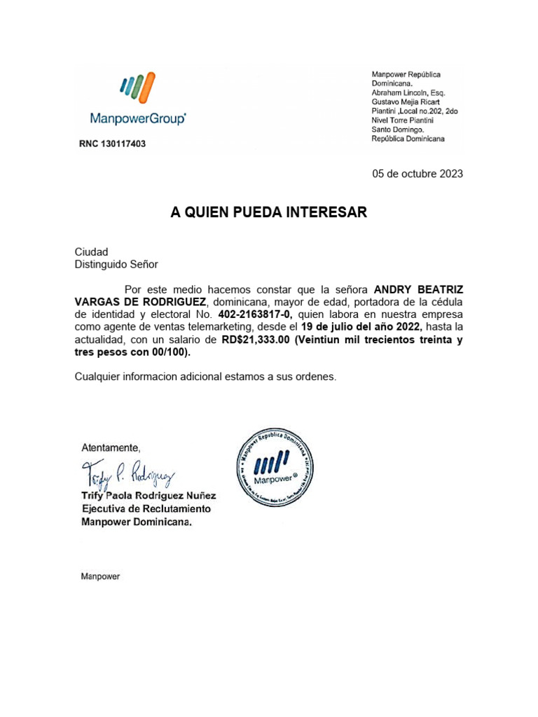 Carta Manpower ANDRY BEATRIZ VARGAS DE RODRIGUEZ | PDF