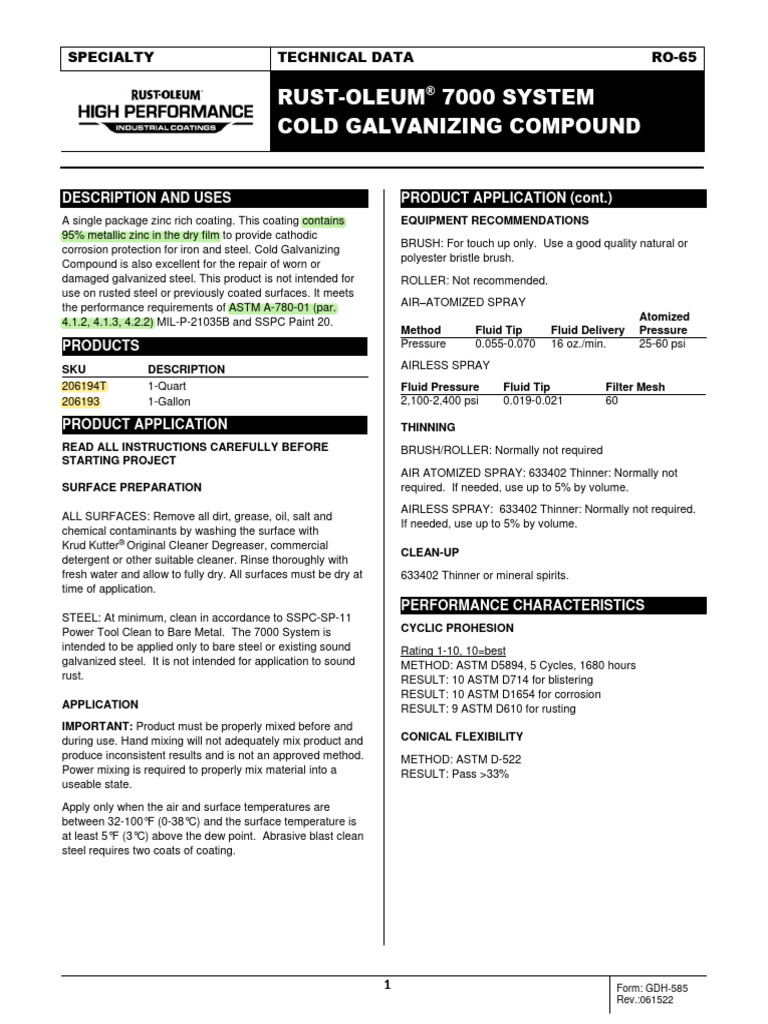 Pintura 7000 - System - Cold - Galvanizing - Compound - RO65 - GDH585 - 0622 | PDF | Corrosion ...
