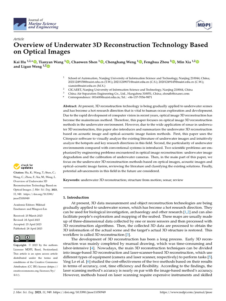 Overview Of Underwater 3d Reconstruction Technology Based On Optical Images Pdf Attenuation