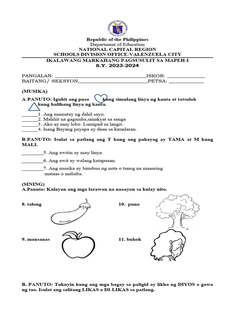 2ND Quarter Mapeh Periodical Test Grade 1 | PDF