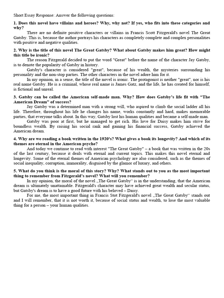 The Great Gatsby - Questions | PDF | The Great Gatsby