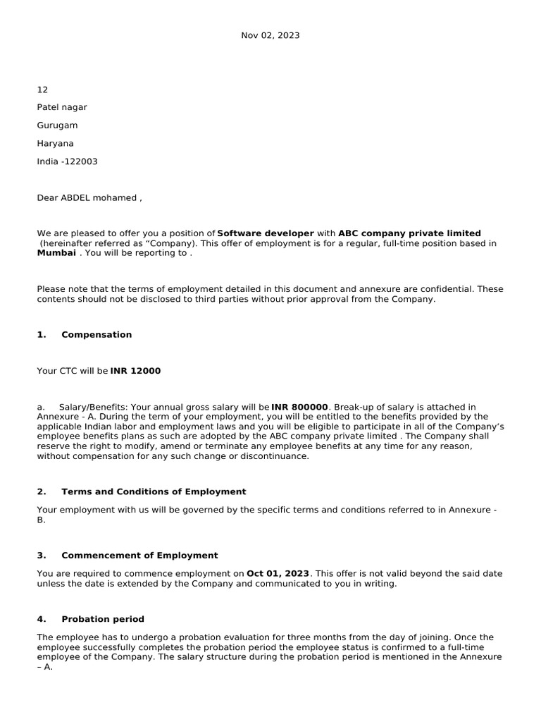 Offer Letter ABDEL Mohamed | PDF | Employment | Justice