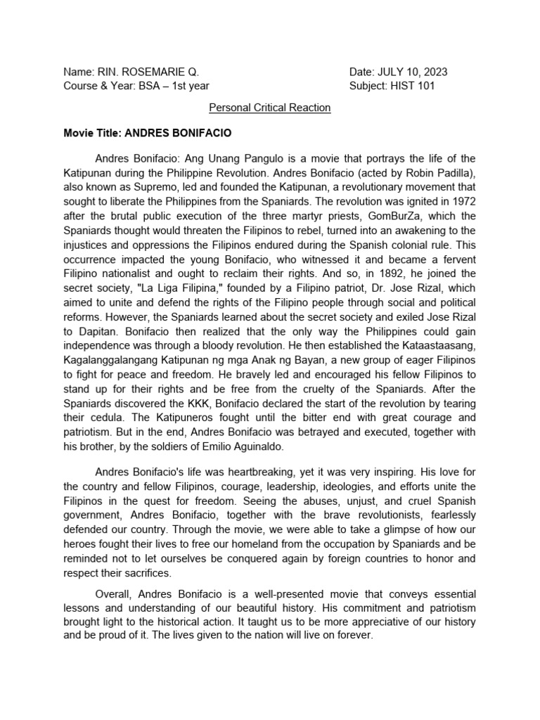 Personal Critical Reaction Paper Rizal | PDF | Philippines