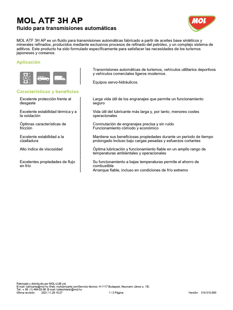 FT - Mol Atf 3H Ap (211129) - P - Esp | PDF | Lubricante | Engranaje
