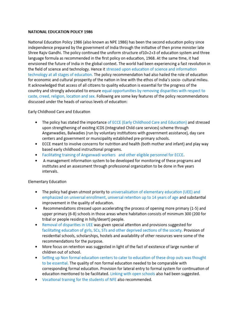 National Education Policy 1986 Overview | PDF | Teachers | Schools