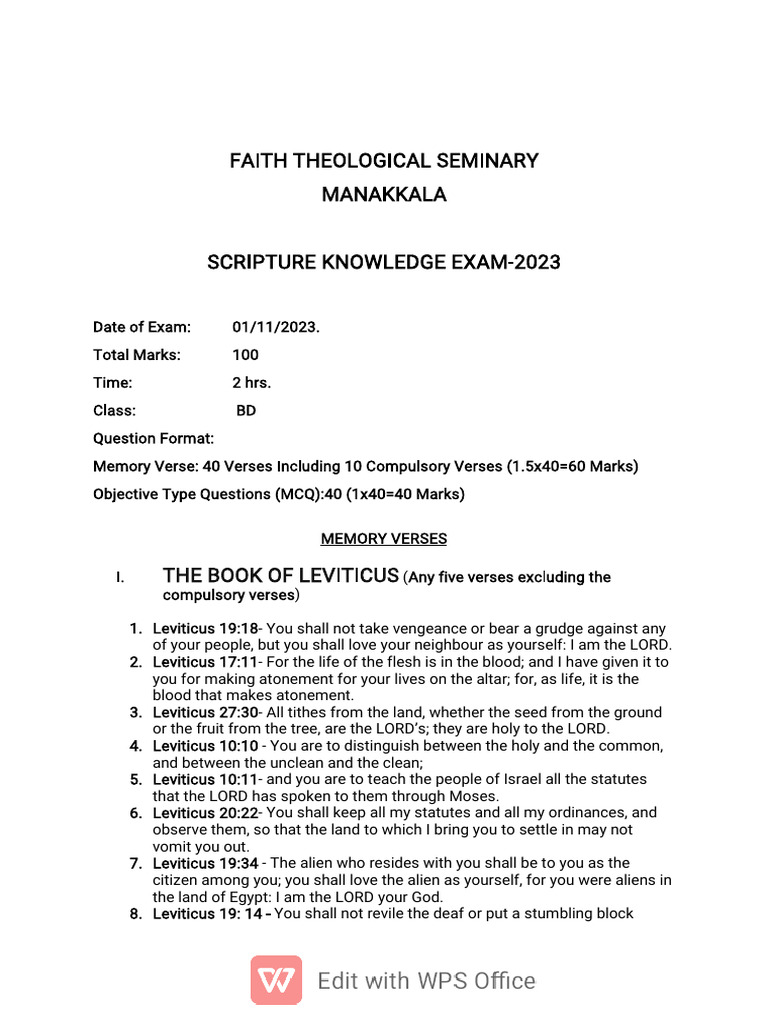SCRIPTURE KNOWLEDGE EXAM-2023 Syllabus | PDF | Book Of Leviticus | Book ...