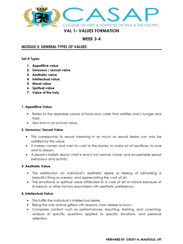 Week 3-4 Val1-General Types of Values (Set A) | PDF | Morality | Aesthetics
