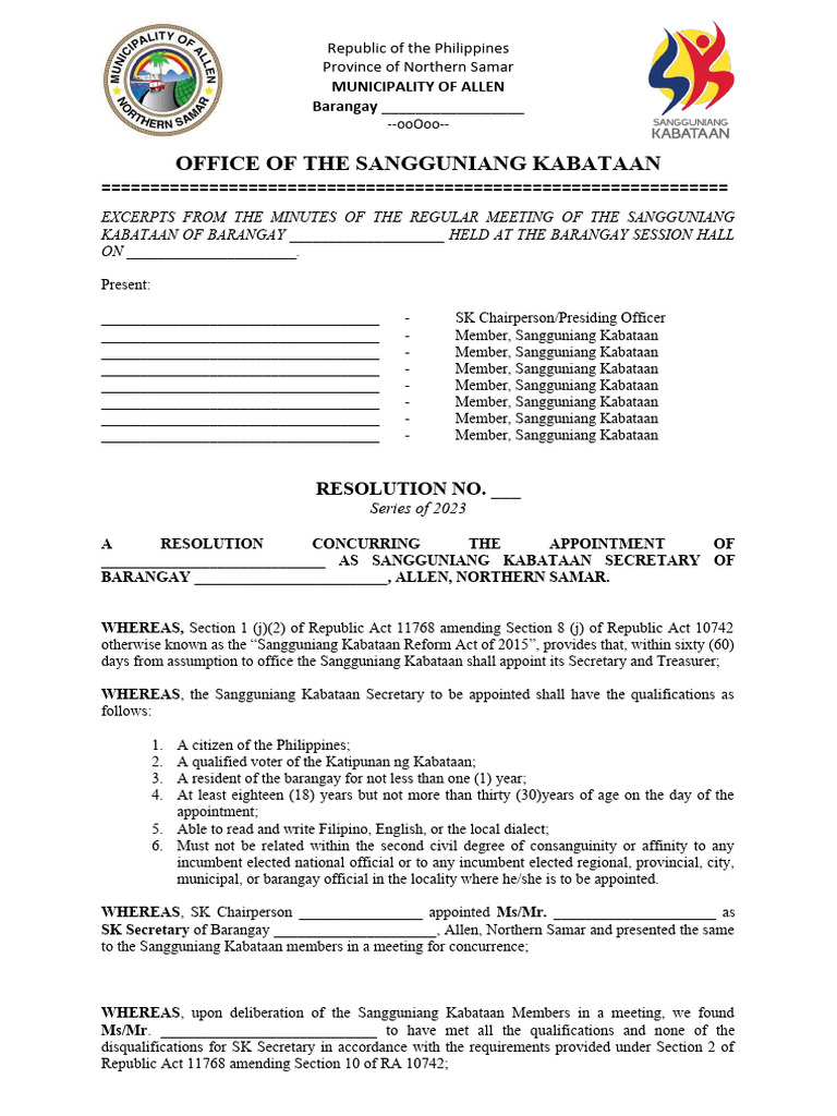 Resolution Concurring The SK Secretary, SKCHAIRGPADIATON | PDF ...