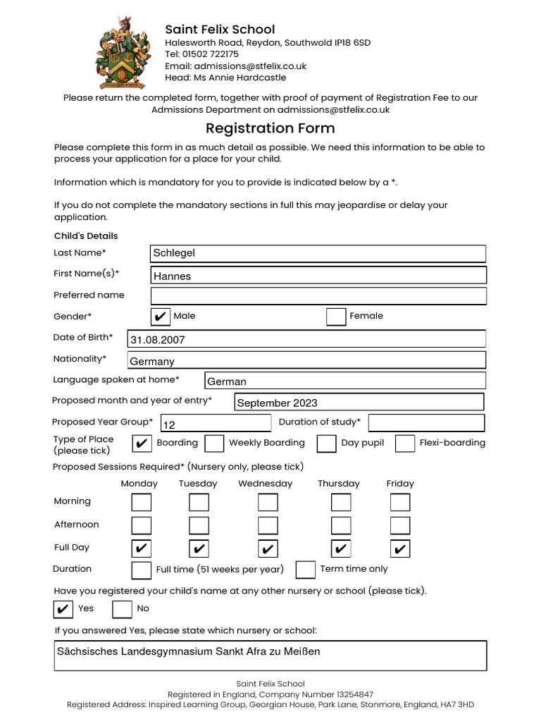 Saint Felix School Registration Form | PDF