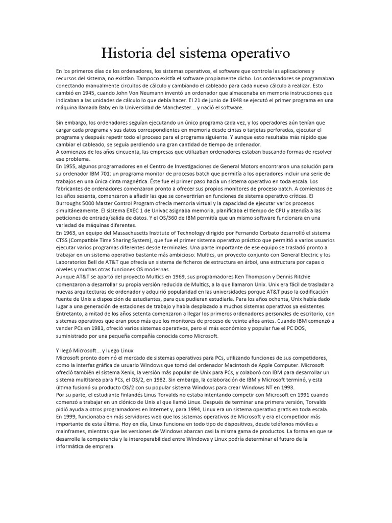 Historia Del Sistema Operativo | PDF | Unix | Microsoft Windows Historia Del Sistema Operativo | PDF | Unix | Microsoft Windows