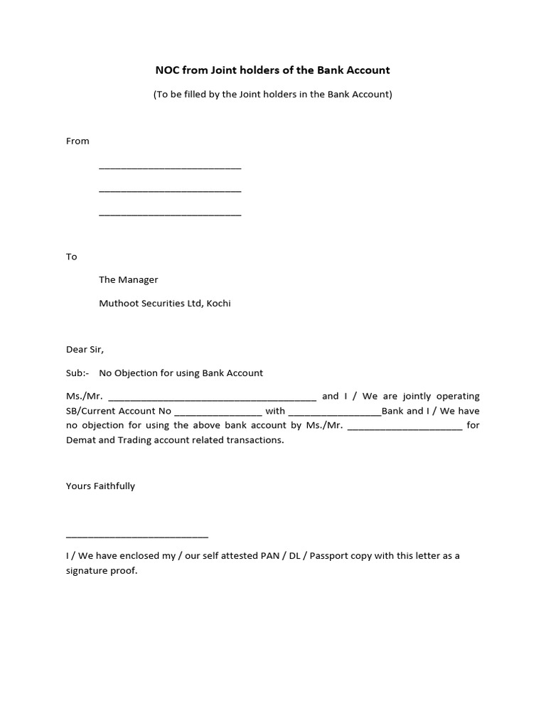 Bank Declaration - NOC From Joint Holder | PDF