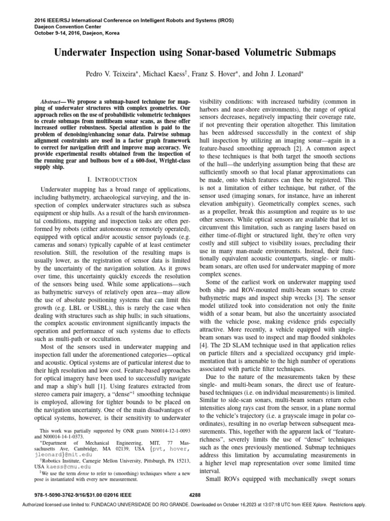Underwater Inspection Using Sonar-Based Volumetric Submaps | PDF | Sonar
