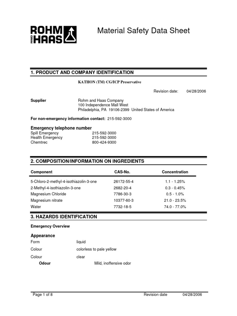MSDS Kathon | PDF | Personal Protective Equipment | Water