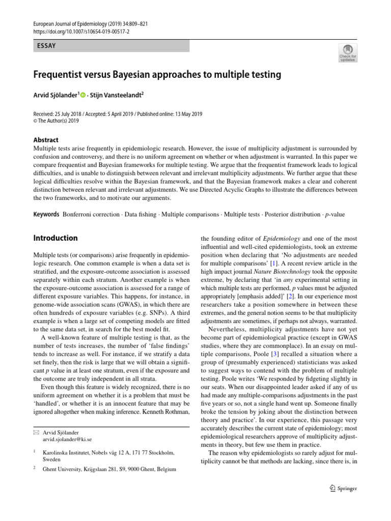 Frequentist Versus Bayesian Approaches To Multiple Testing Arvid Sjölander Stijn Vansteelandt