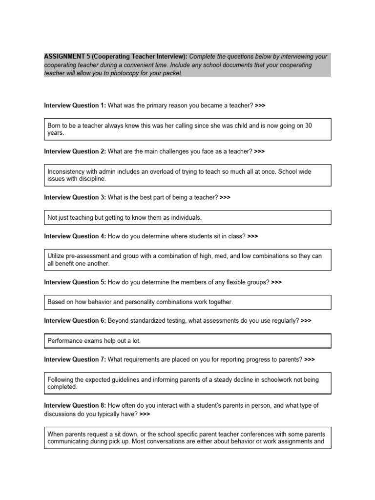 Assignment 5 Cooperating Teacher Interview - 1 1 | PDF | Teachers | Experience