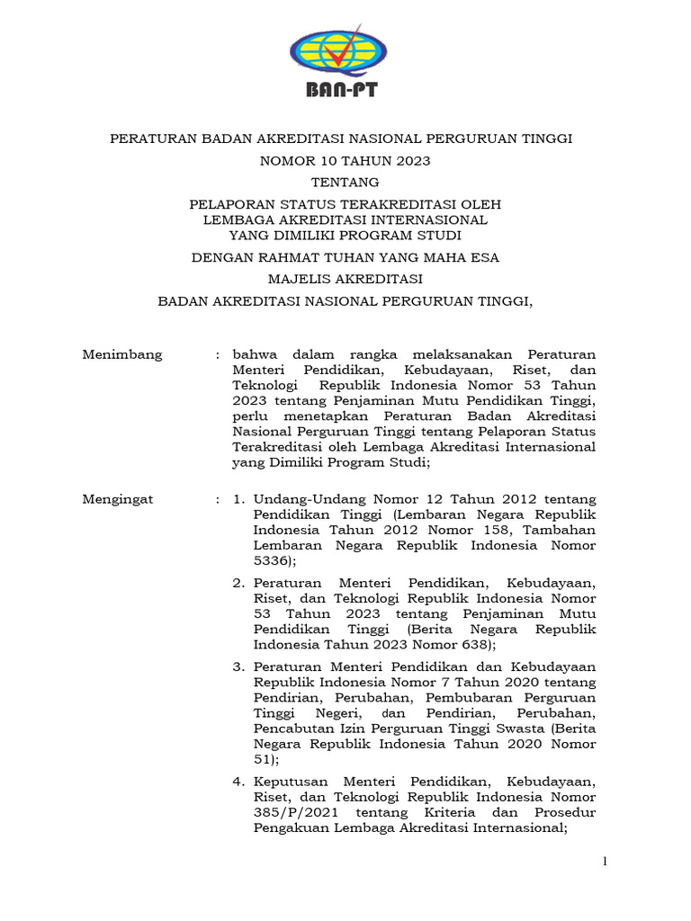 2023-Peraturan BANPT Nomor 10 Tahun 2023 | PDF