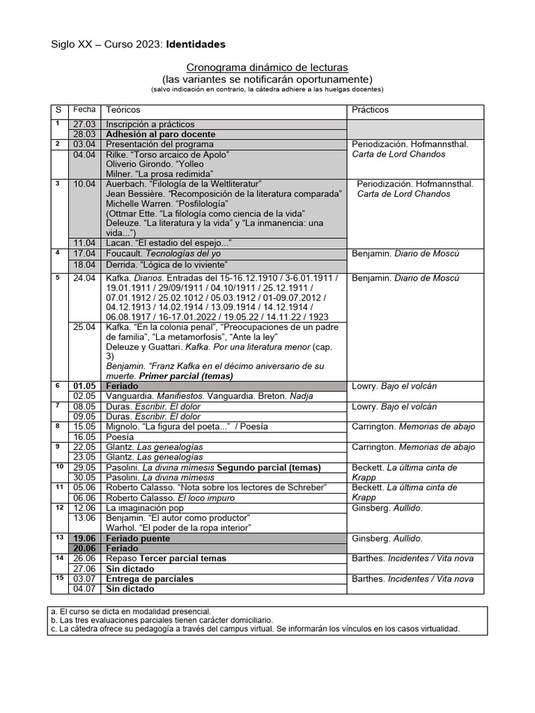 Siglo Xx 2023 Cronograma De Lecturas 18042023 Pdf Arte 