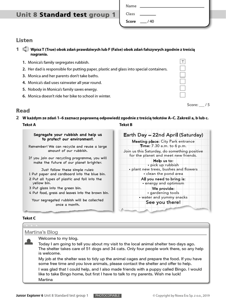 Junior Explorer Kl. 6 Testy - U8 | PDF | Insects