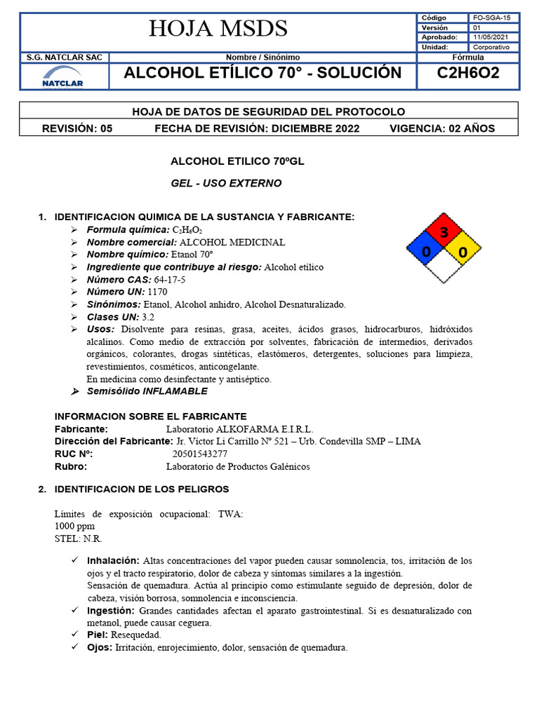 MSDS - Alcohol Etilico 70ºgl | PDF | Etanol | Agua