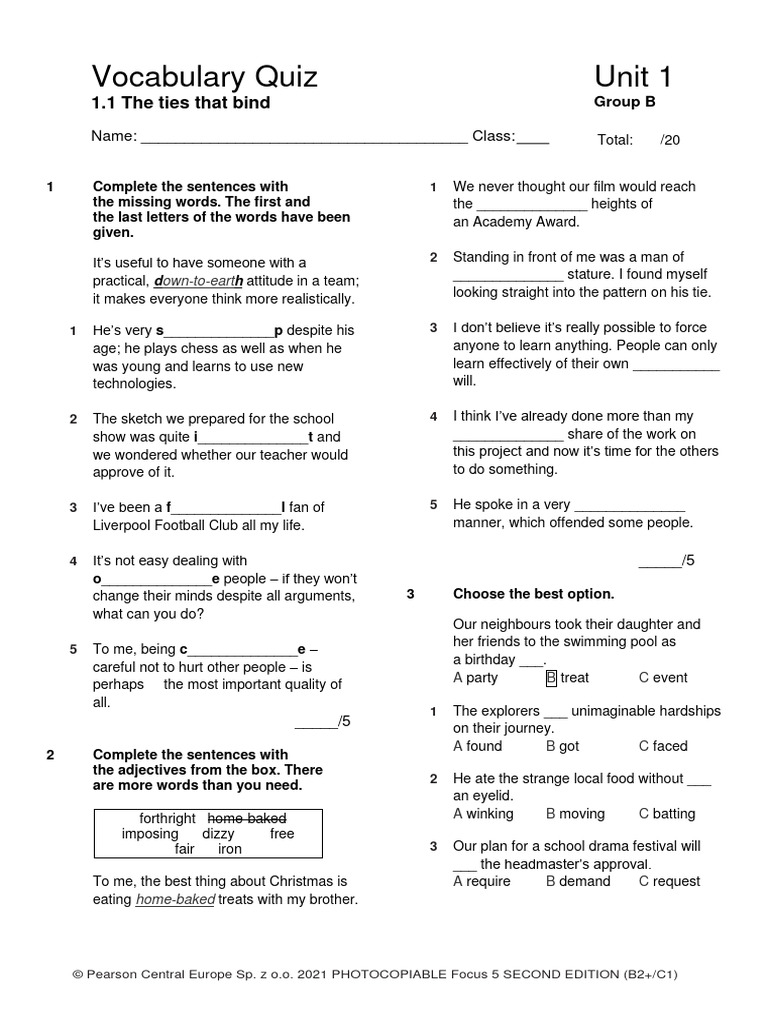 Focus5 2E Vocabulary Quiz Unit1.1 GroupB 2kol | PDF