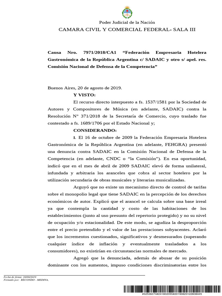 Sentencia Multa SADAIC Por Tema Federacion Hotelera | PDF | Arancel | Mercado (economía)