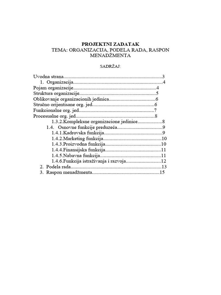 Projektni Zadatak - Organizacija, Podela Rada, Raspon Menadzmenta | PDF