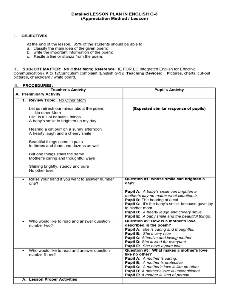 Detailed Lesson Plan in English G-3-Appreciation Lesson | PDF