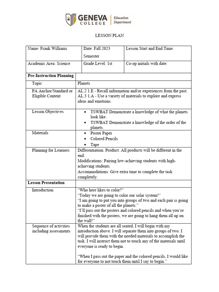 Geneva Lesson Plan Chart Template | Download Free PDF | Planets | Saturn