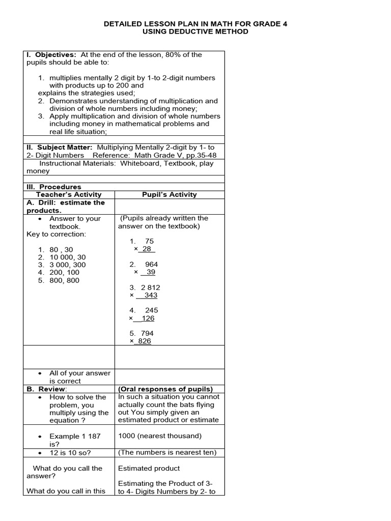 Detailed Lesson Plan in Math Grade 4 Deductive Method | Download Free ...