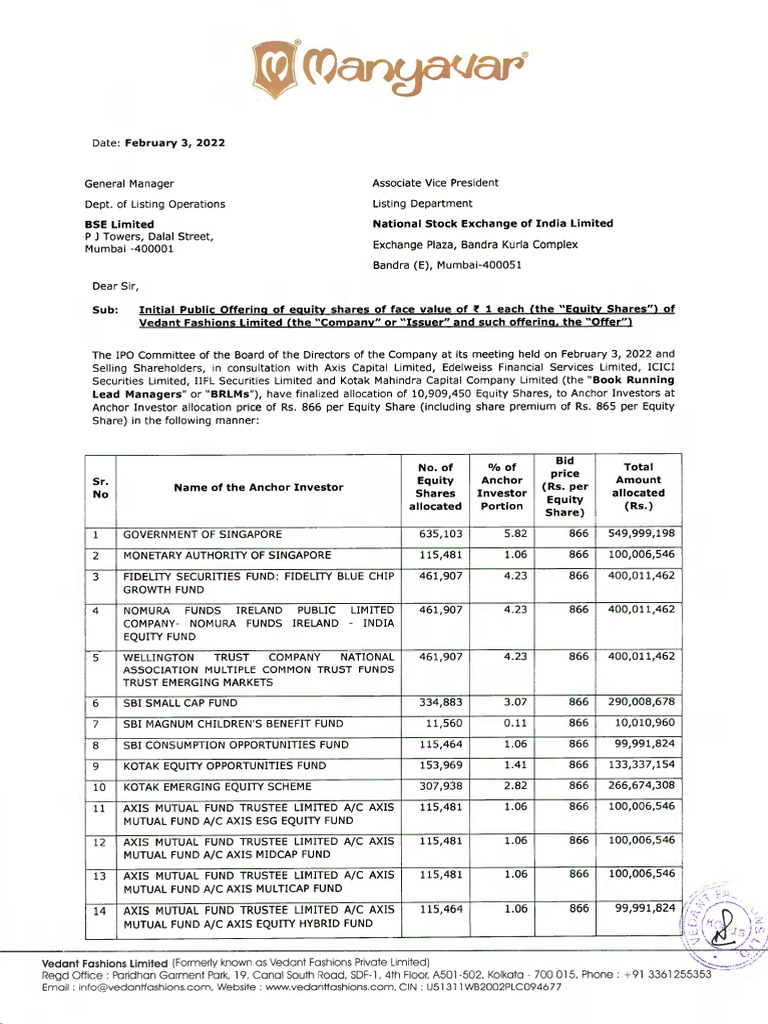 SE Intimation of Anchor Allocation - 03022022 | PDF