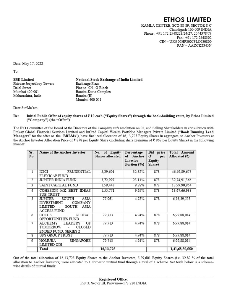 Intimation Letter To Stock Excahnge For Anchor Allocation Ethos IPO Company | PDF | Stocks ...