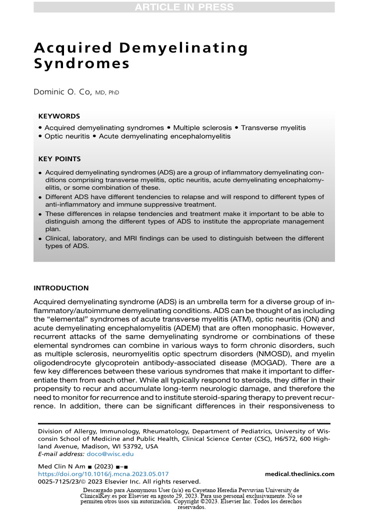 Acquired Demyelinating Syndromes | PDF | Multiple Sclerosis | Medicine