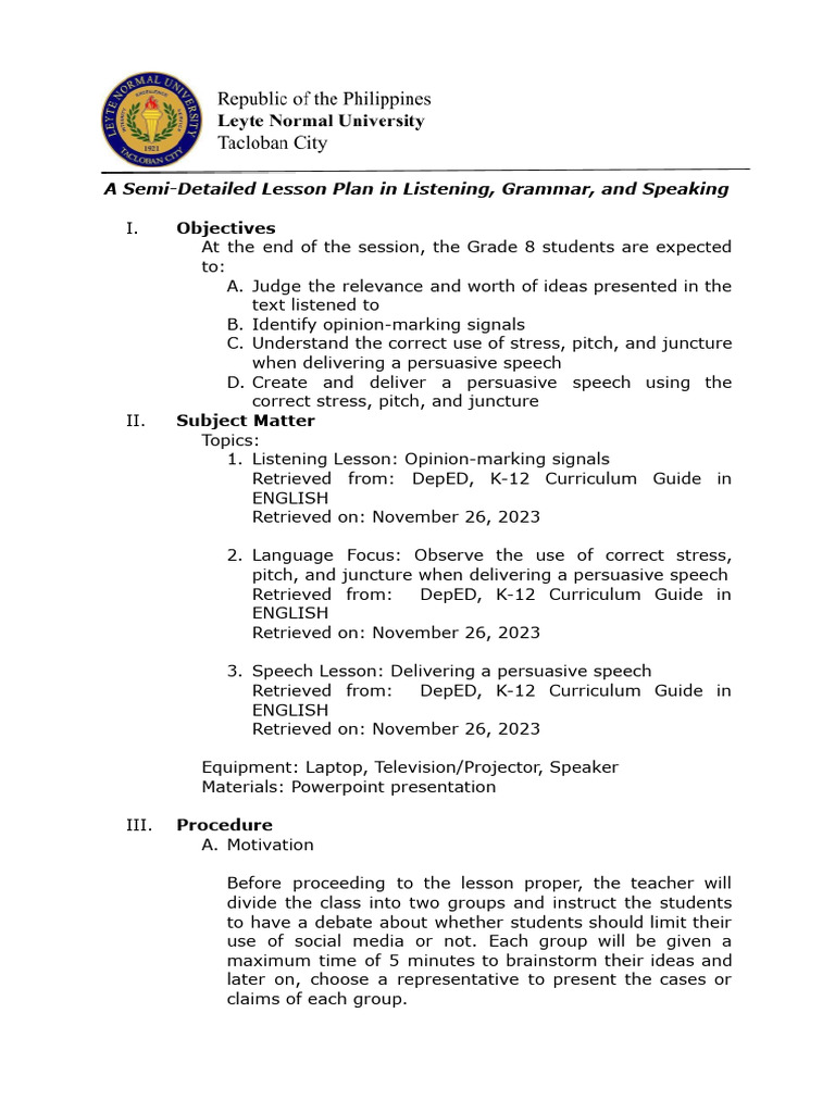 Lesson Plan Speaking | PDF | Stress (Linguistics) | Tone (Linguistics)