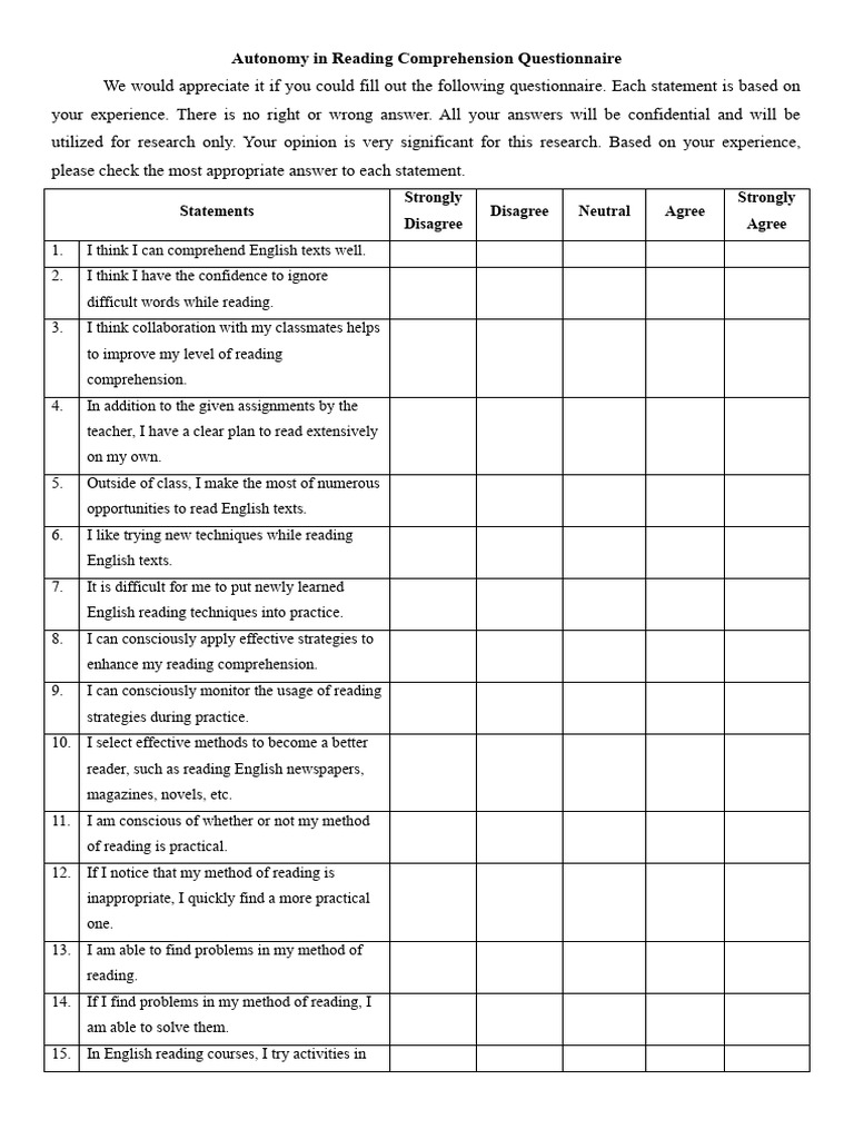 Autonomy in RC Questionnaire | PDF | Reading Comprehension | Psychology