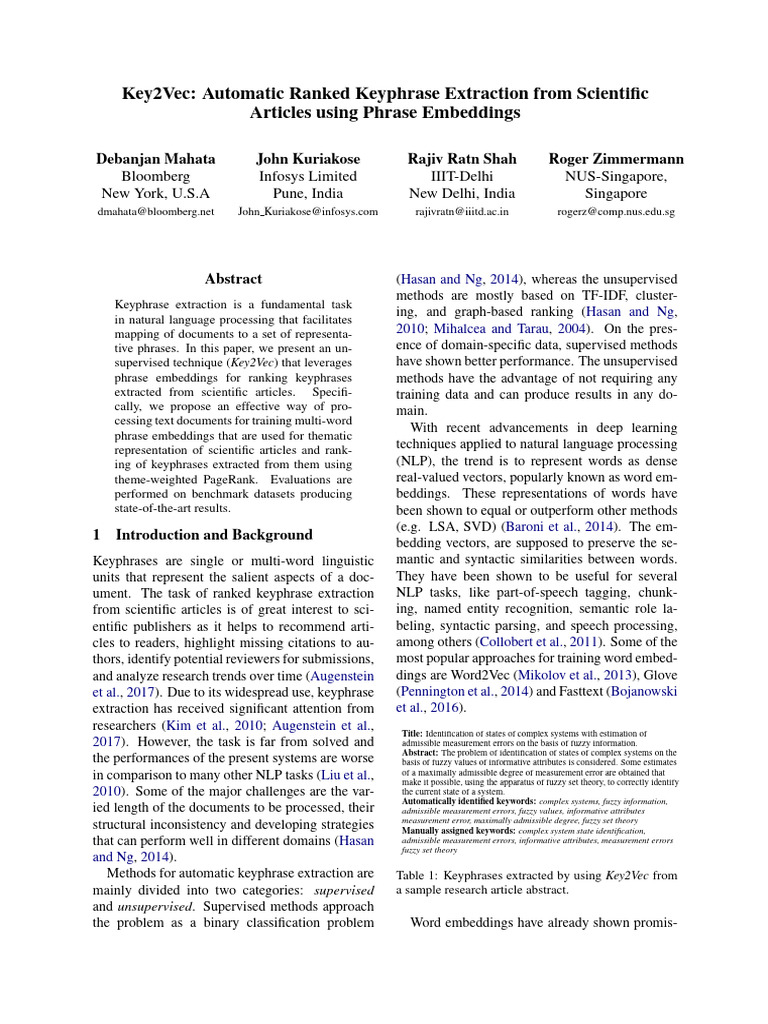 Key2Vec Automatic Ranked Keyphrase Extraction From Scientific Articles Using Phrase Embeddings ...