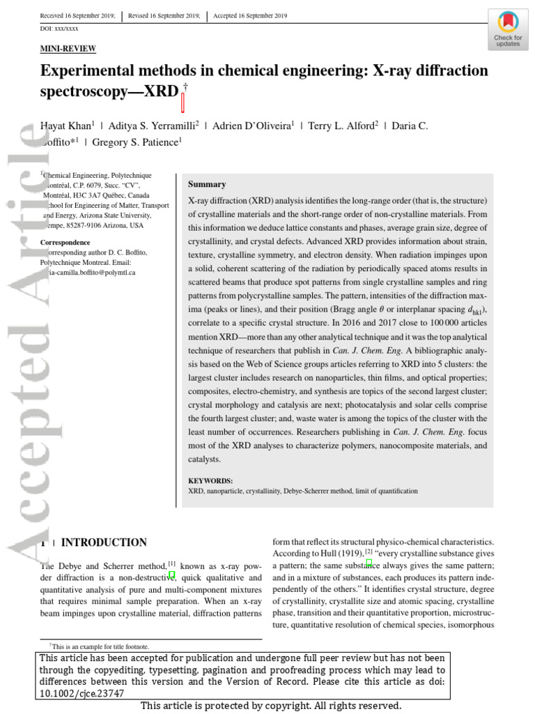 Experimental Methods in Chemical Engineering: X-Ray Diffraction spectroscopy-XRD | PDF | X Ray ...