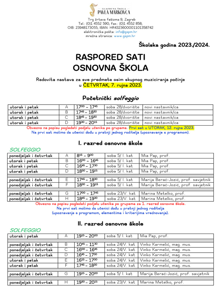 23-24 Raspored OS Sati Oglas | PDF