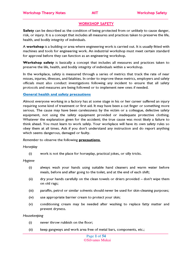 Topic 1-Workshop Safety Notes | PDF | Occupational Safety And Health ...