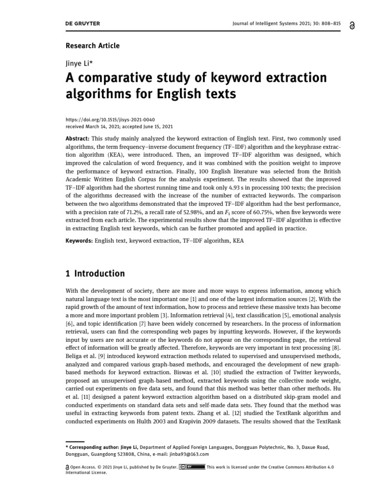 A Comparative Study of Keyword Extraction Algorithms For English Texts | PDF | Cognitive Science ...