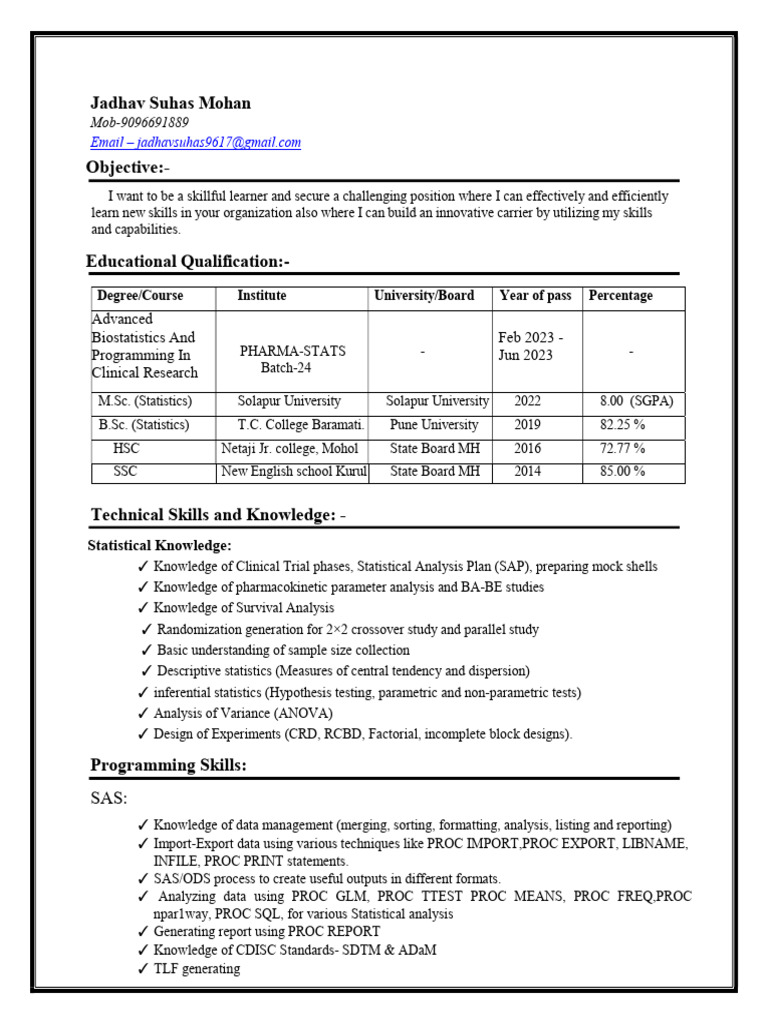 Biostatisticians - Programmers Resumes-7 | PDF | Statistics | Sas (Software)