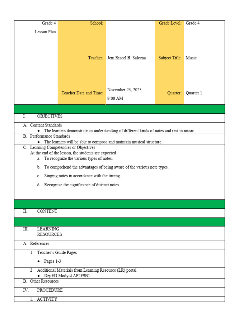 Grade 4 Music Note Values Lesson Plan | PDF | Learning | Lesson Plan