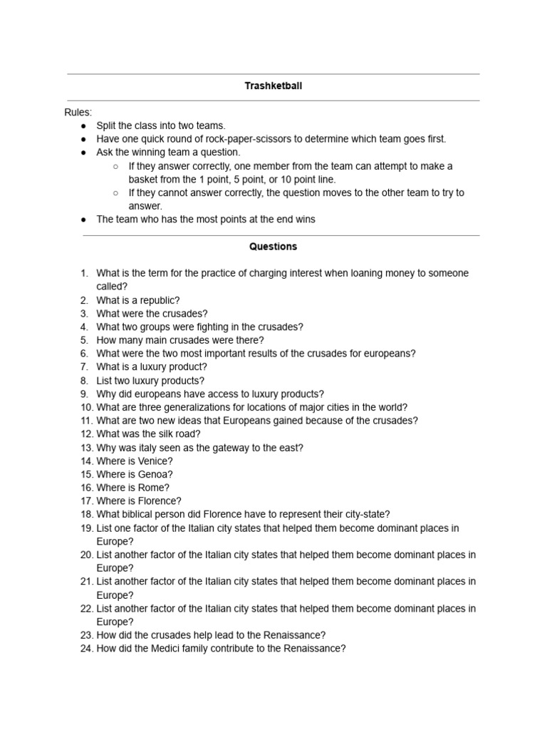 Quiz 2 Trashketball Questions | PDF