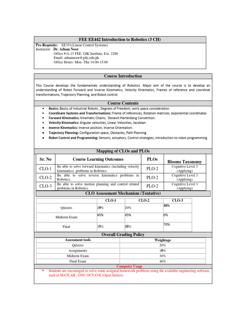 EE442 - Robotics Outline 2023 | PDF | Kinematics | Robotics