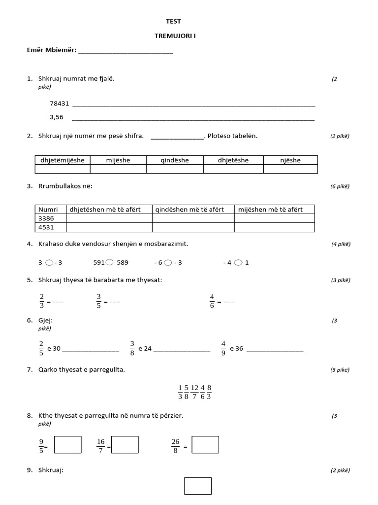 Matematika 5 - Teste Me Bluprint + Të Ndërmjetme 2023-2024 | PDF