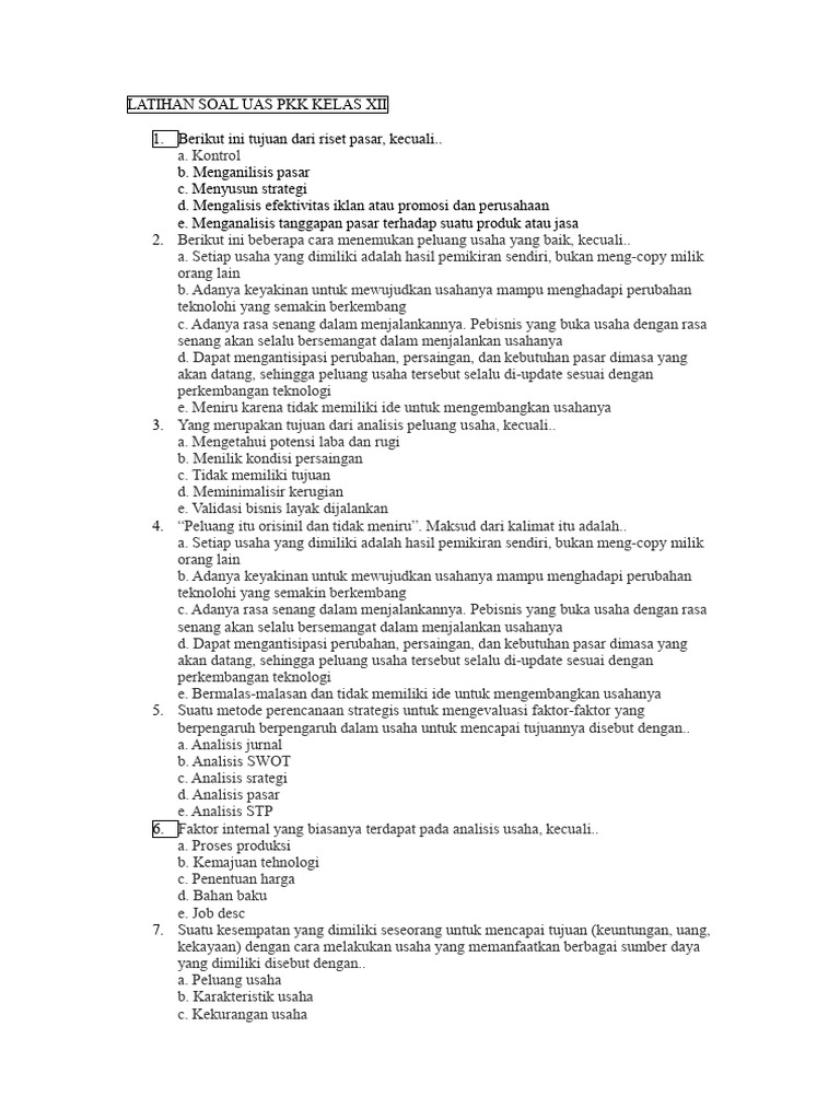 Latihan Soal Uas PKK Kelas Xii | PDF | Karier & Perkembangan | Bisnis