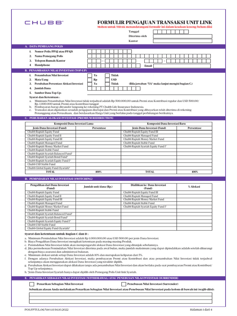 Formulir Pengajuan Transaksi Unit Link 2022 | PDF