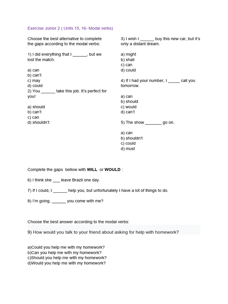 Exercise Junior 2 (Units 15, 16 - Modal Verbs) | PDF