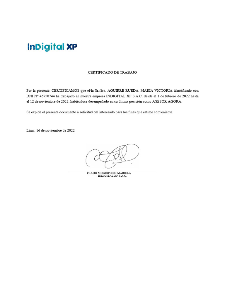 Certificado de Trabajo - Indigital XP S.A.C. | PDF