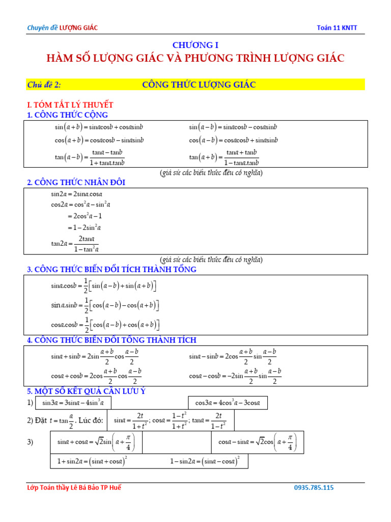 Gia Tri Luong Giac Va Cong Thuc Luong Giac Toan 11 Knttvcs 1-73-36 44 | PDF